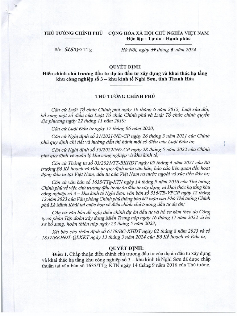 525 QĐ-TT Điều Chỉnh Chủ Đầu Tư XD KCN Số 3pdf - 0001 | PDF