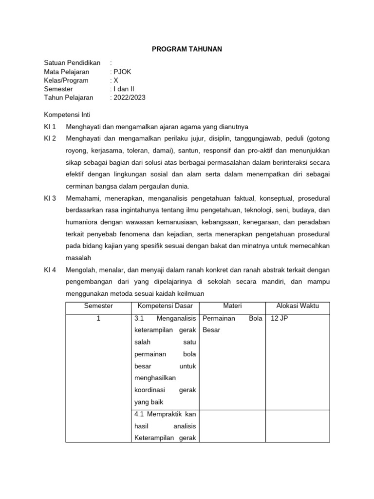 Program Tahunan Kelas X Pjok 2022 | PDF