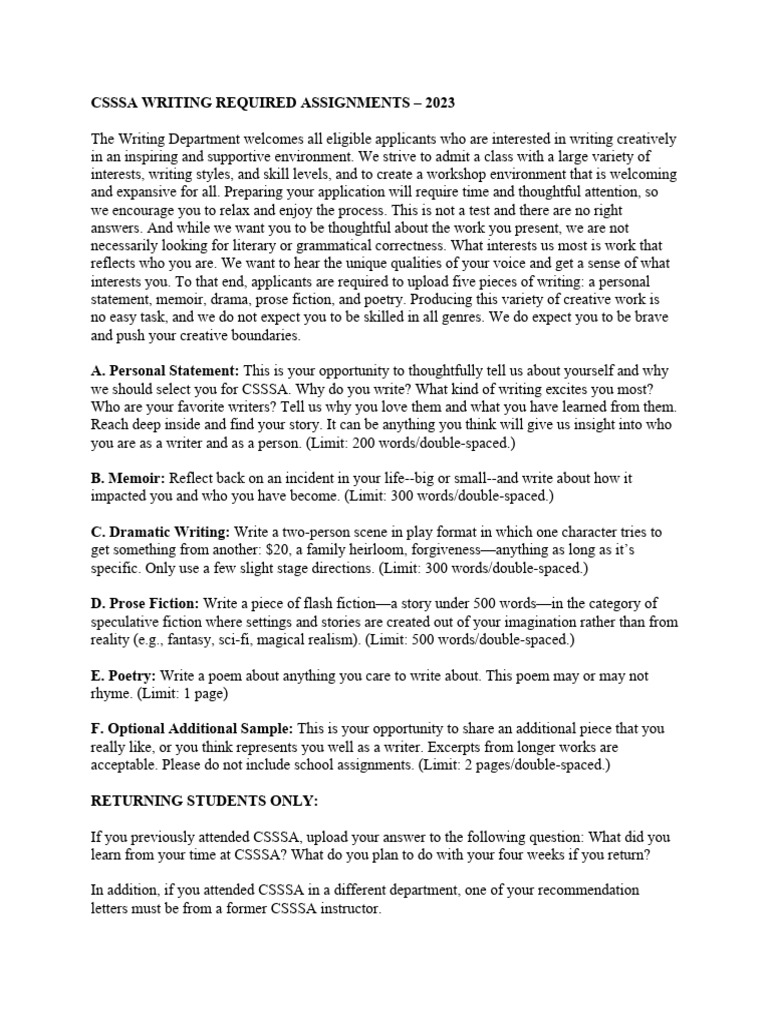 CSSSA 2023 Writing Assignments Guide | PDF | Poetry | Career & Growth