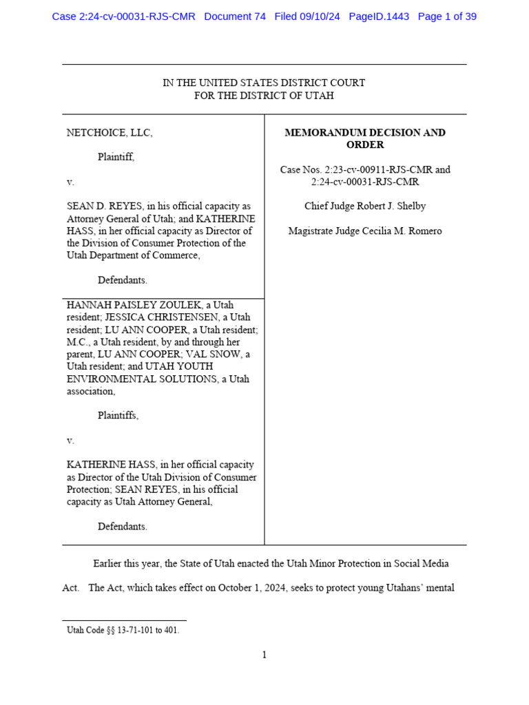 Preliminary Injunction Granted in Lawsuit Challenging Utah's Social Media Regulations | PDF ...