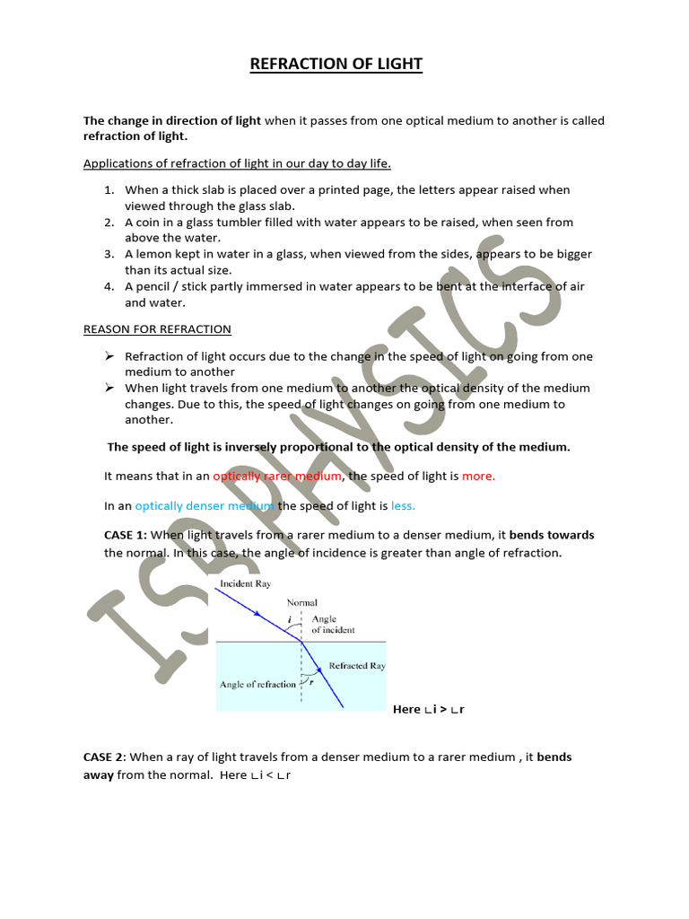 Refraction of Light | PDF | Refractive Index | Refraction