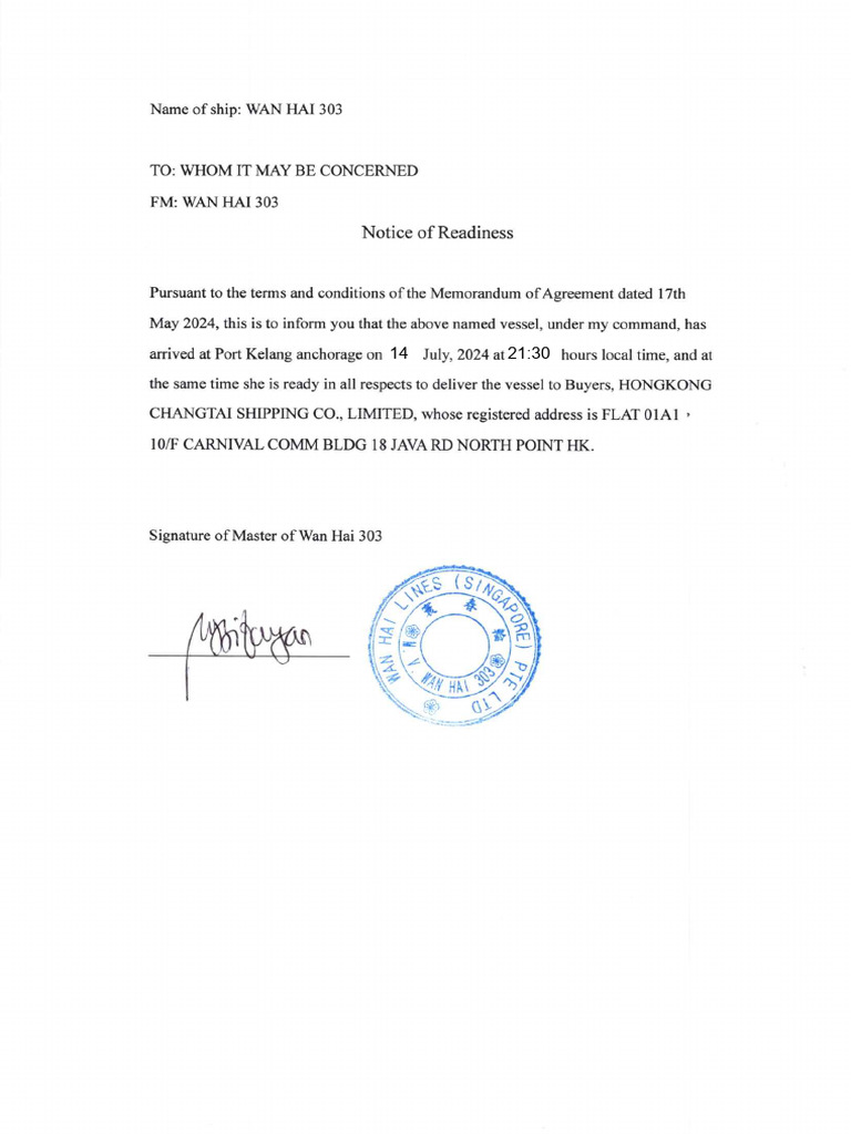 WAN HAI 303 - Notice of Readiness - 2130 | PDF