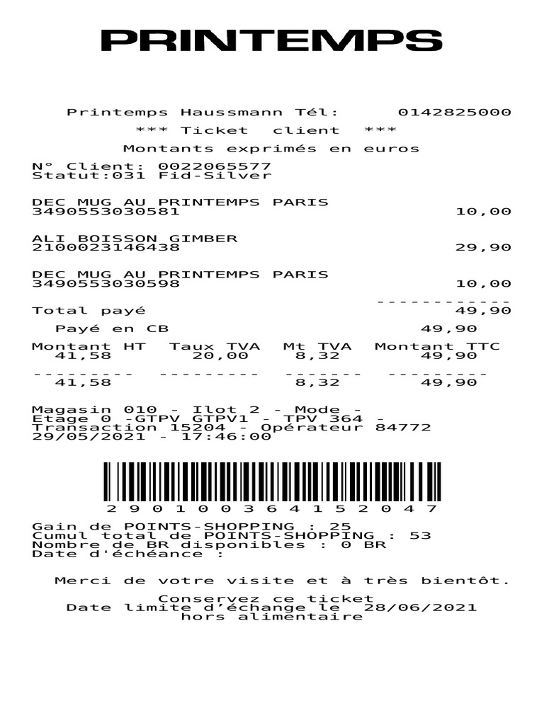 ticket de caisse Printemps | PDF