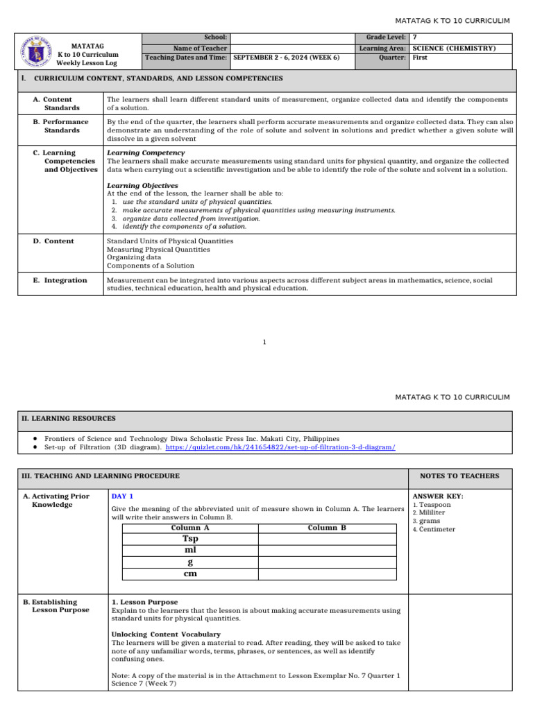 DLL Matatag - Science 7 Q1 W6 | PDF