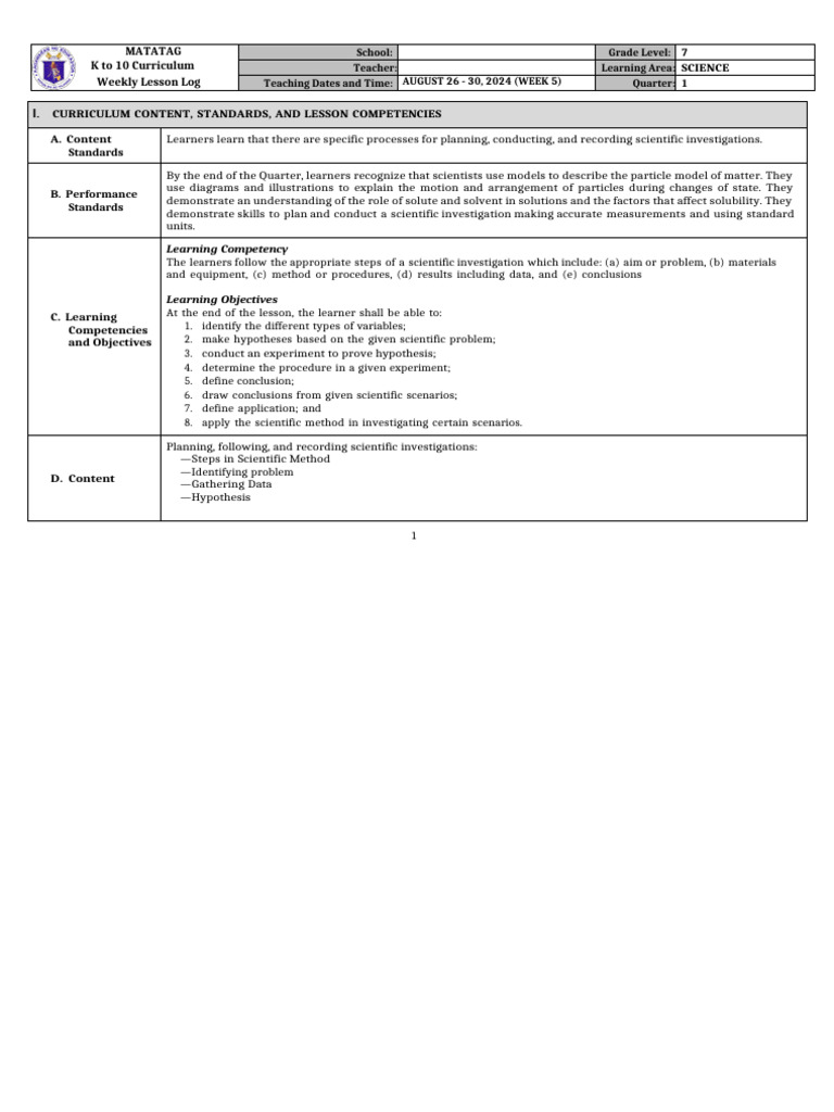 DLL Matatag - Science 7 Q1 W5 | PDF