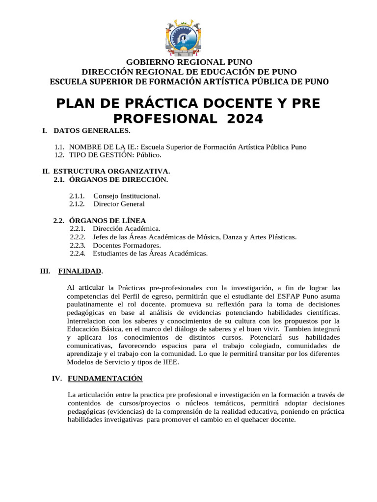 Plan de Practica Pre Profesional Esfap 2024 | PDF