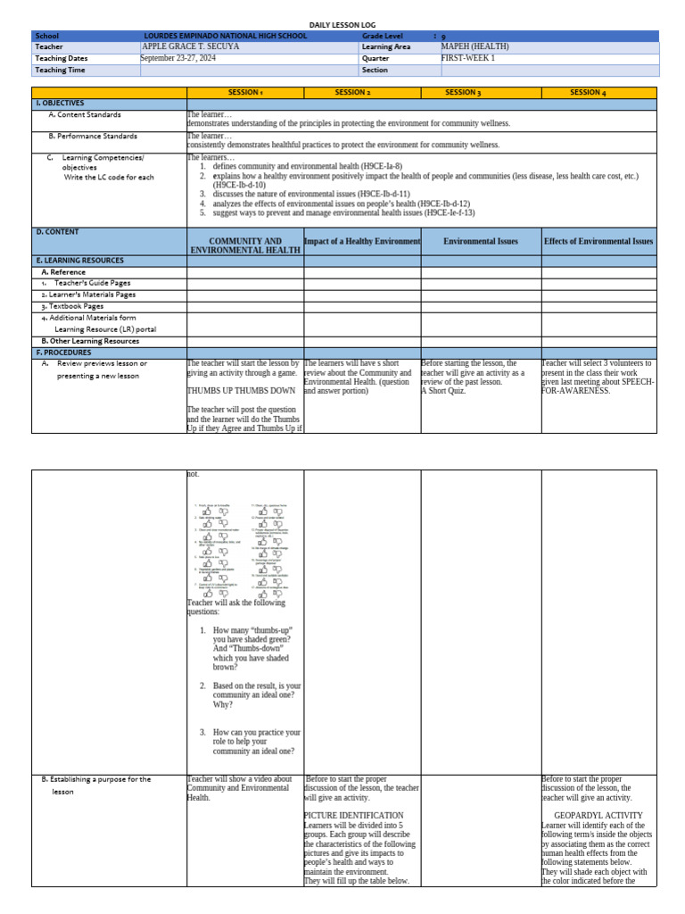 DAILY LESSON LOG HEalTH WEEK 1 | PDF