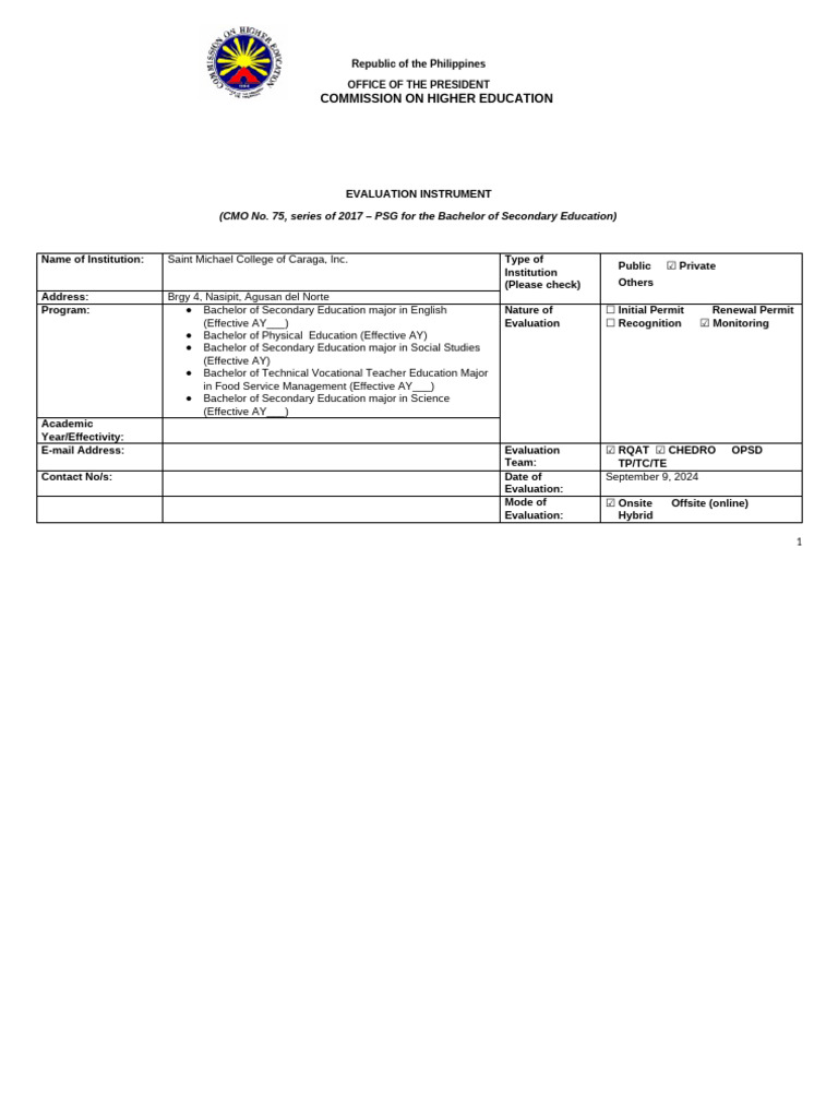 SMCC - CHED Monitoring-Evaluation-Instrument-BSED-Program.v2 | PDF