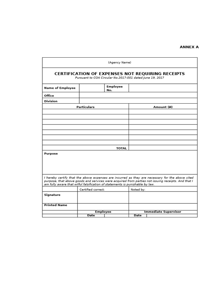 2017 COA Circular No. 2017 001 - Annex A Certification of Expenses Not ...