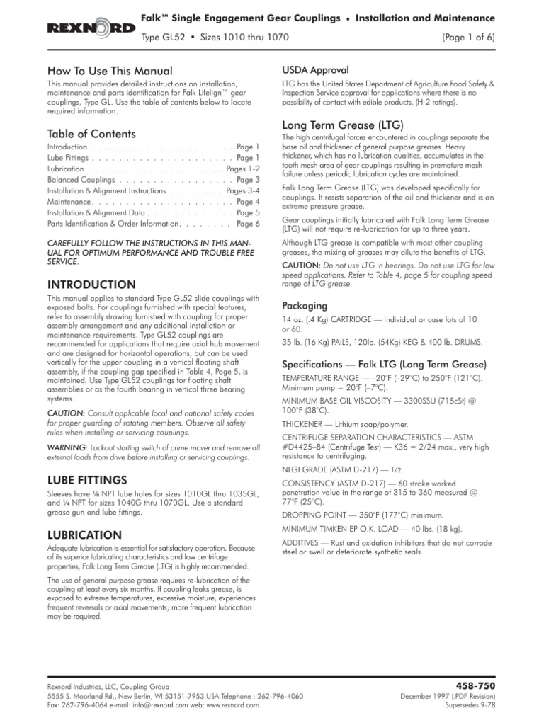 458 750 - Falk Lifelign Type GL52, Sizes 1010 1070 Gear Couplings ...