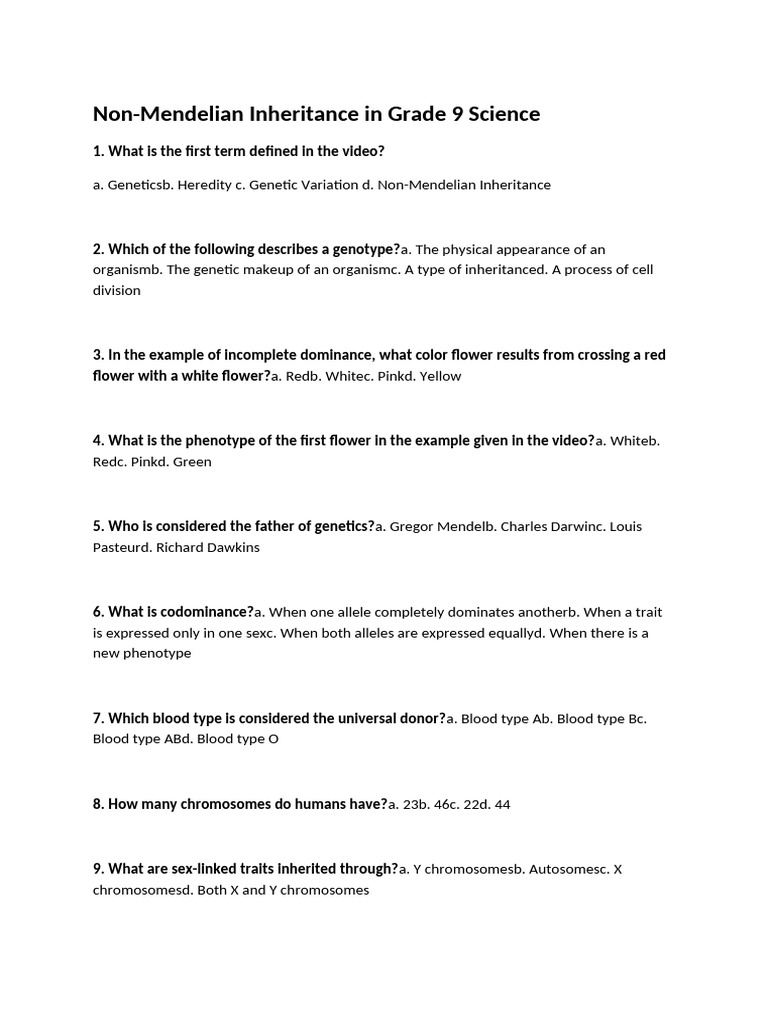 9th Grade Non-Mendelian Inheritance Quiz | PDF | Science & Mathematics