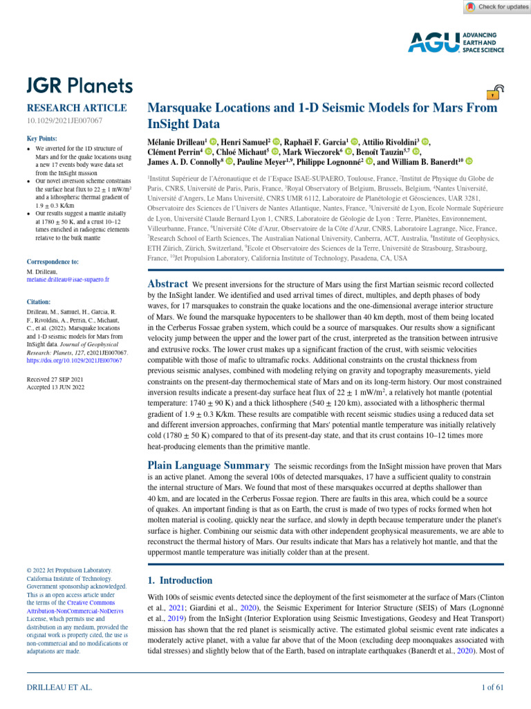 JGR Planets - 2022 - Drilleau - Marsquake Locations and 1 D Seismic ...