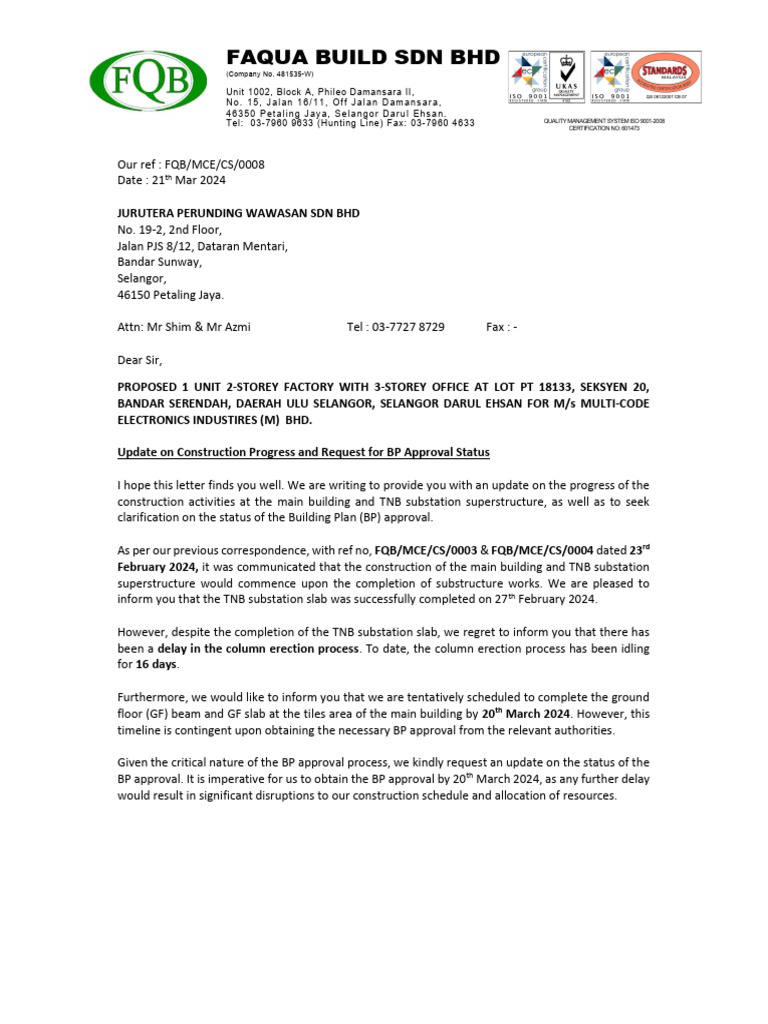 MCE0008 - Update On Construction Progress and Request For BP Approval ...