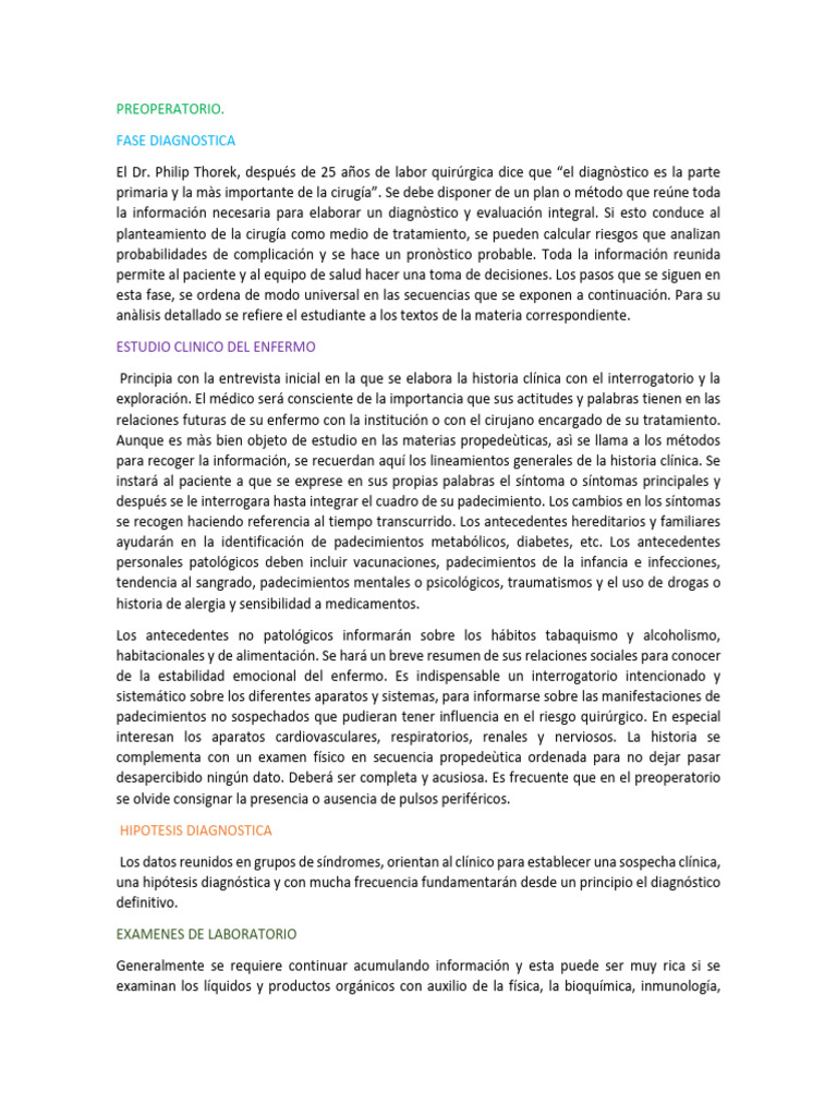 Cuidados Pre, Trans y Post Operatorios.. | PDF