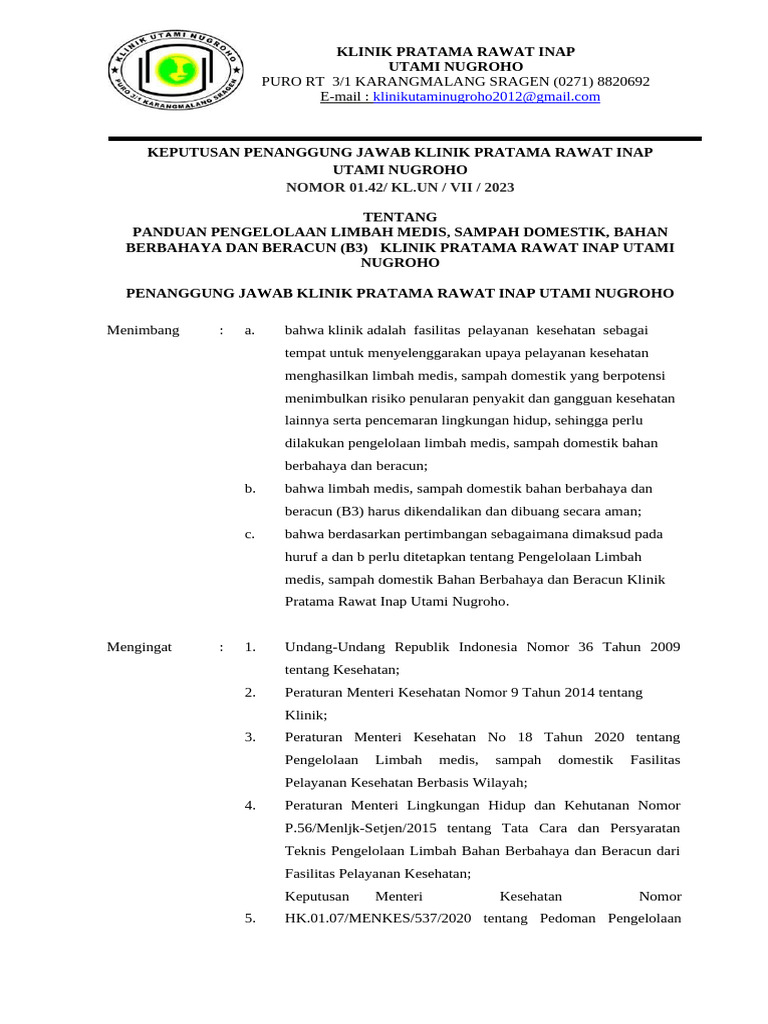 (123dok - Com) 1 3 5 SK Pengelolaan b3 Dan Limbah b3 Klinik Revisi | PDF