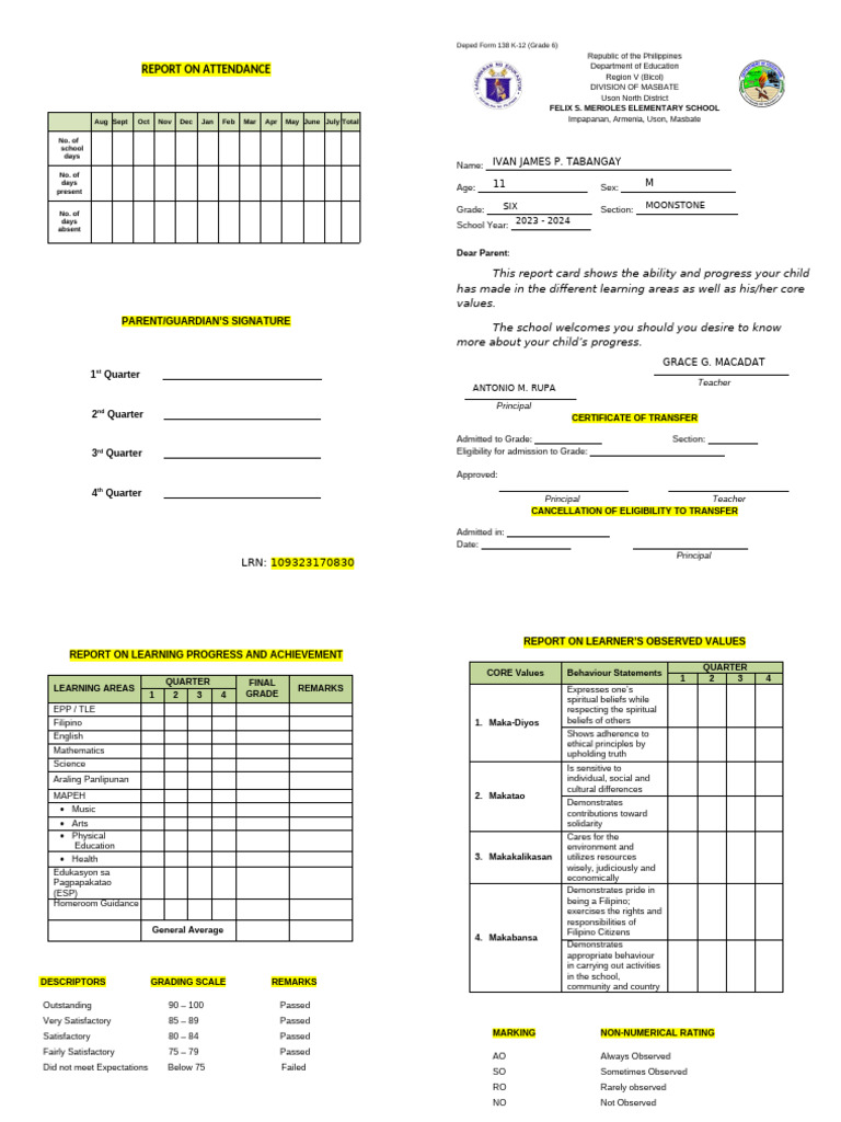 Grade 6 Form 138 | PDF