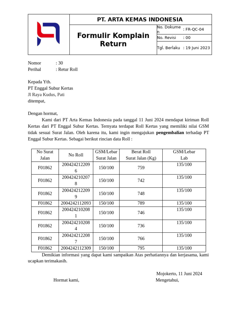 Retur Komplain Kertas | PDF