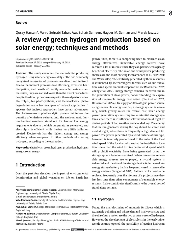 Green Hydrogen Production Based On Solar Energy | PDF