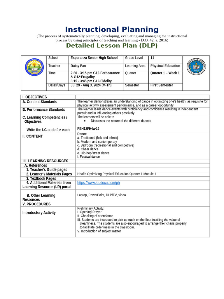 Instructional Planning: Detailed Lesson Plan (DLP) | PDF | Dances | Performing Arts
