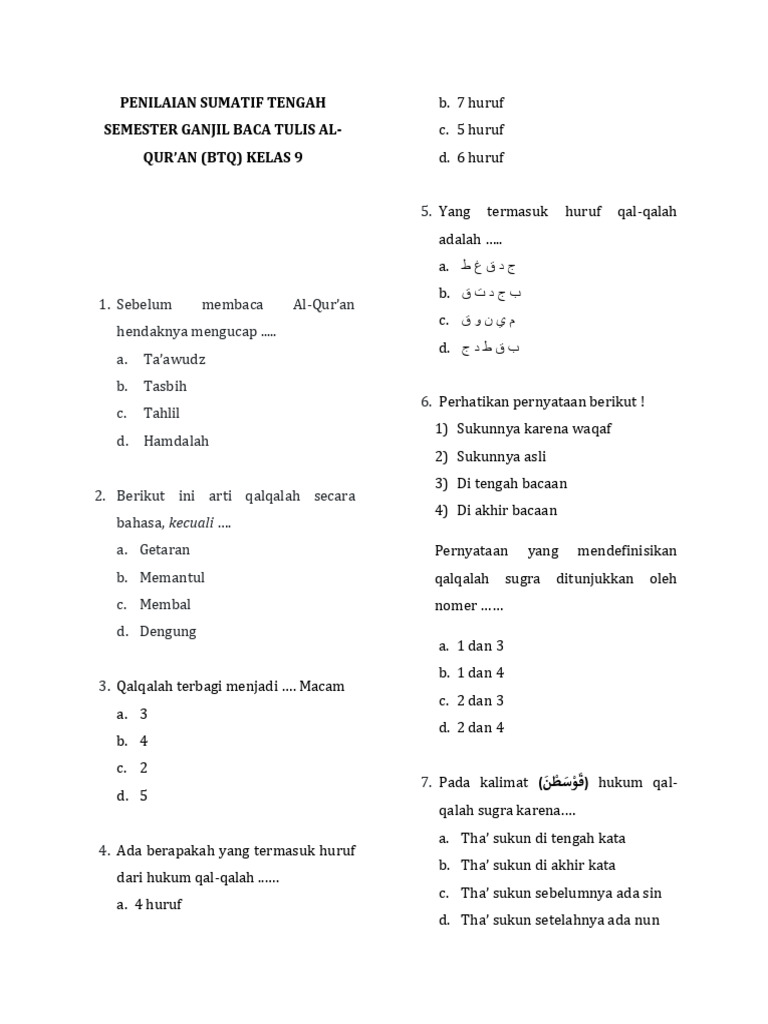Soal PTS Ganjil BTQ KLS 9 | PDF