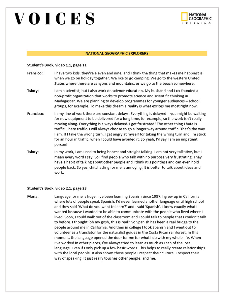 Voices Upper Intermediate Students Book Unit Opener Video Scripts | PDF