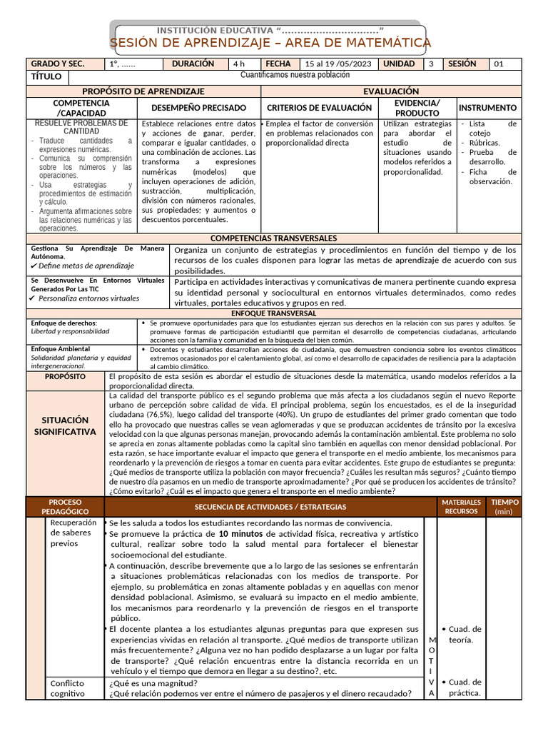 Unidad 3 - Sesión - Sem 1 - Mat 1° | PDF