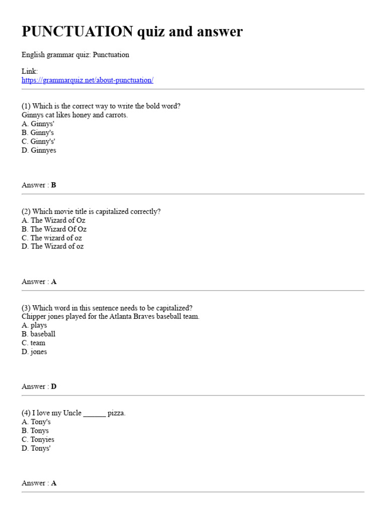 PUNCTUATION Quiz and Answer | PDF