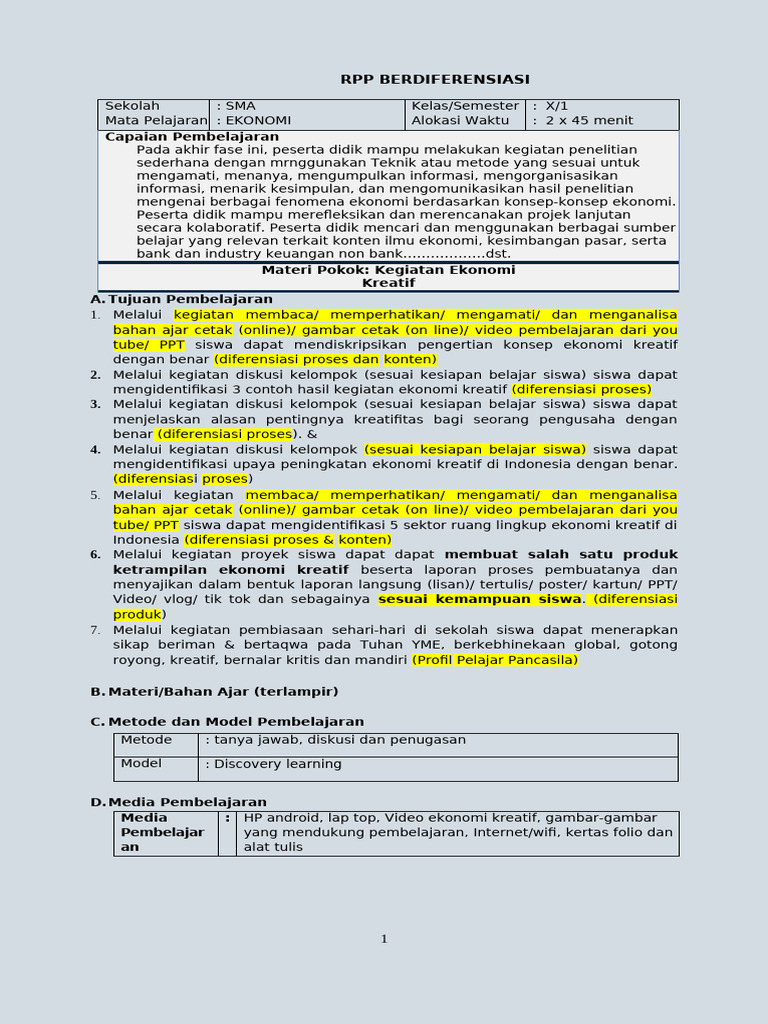 CONTOH RPP Berdiferensiasi KL | PDF