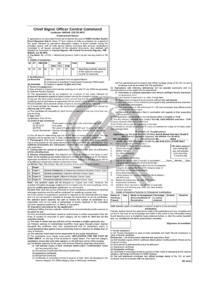 Notification Chief Signal Officer Central Command CSBO Posts | PDF