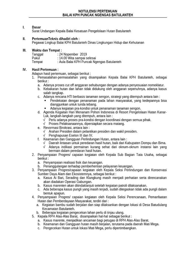 Notulensi Rapat Teknis - BKPH Batulanteh | PDF