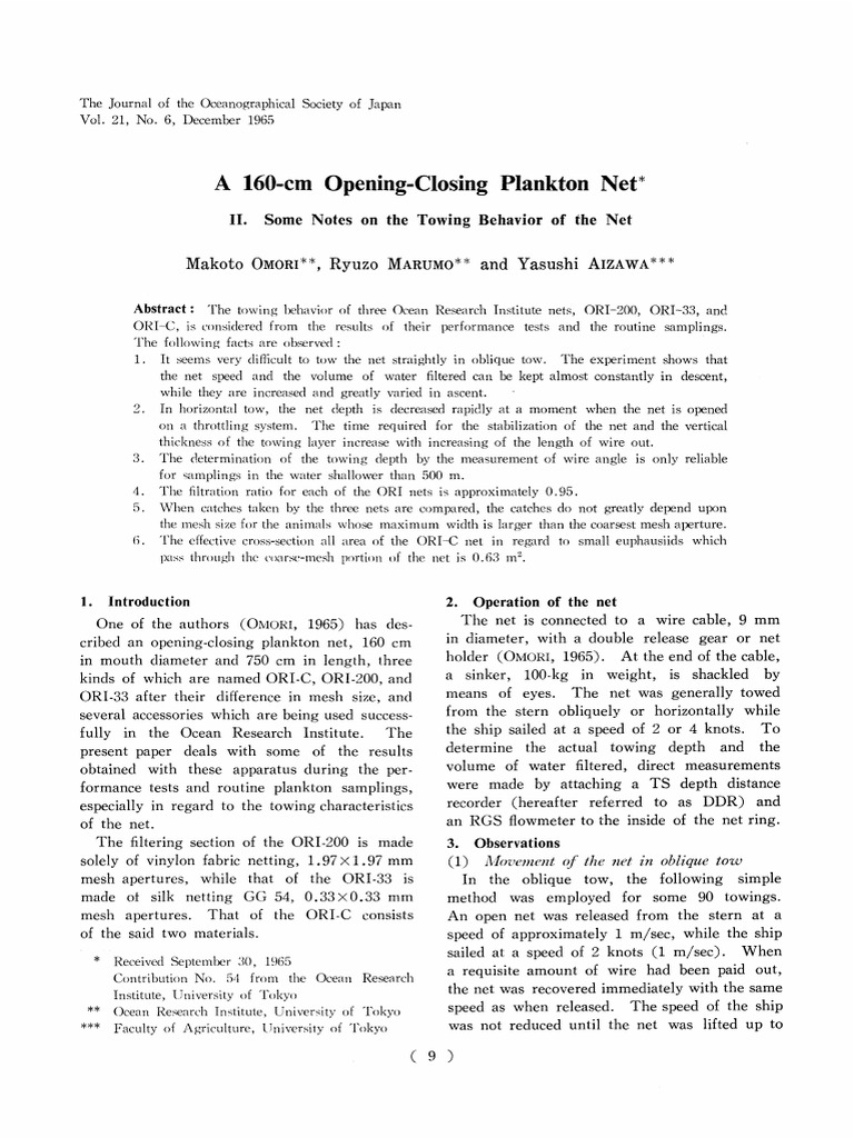 A 160-cm Opening-Closing Plankton Net : II. Some Notes On The Towing ...
