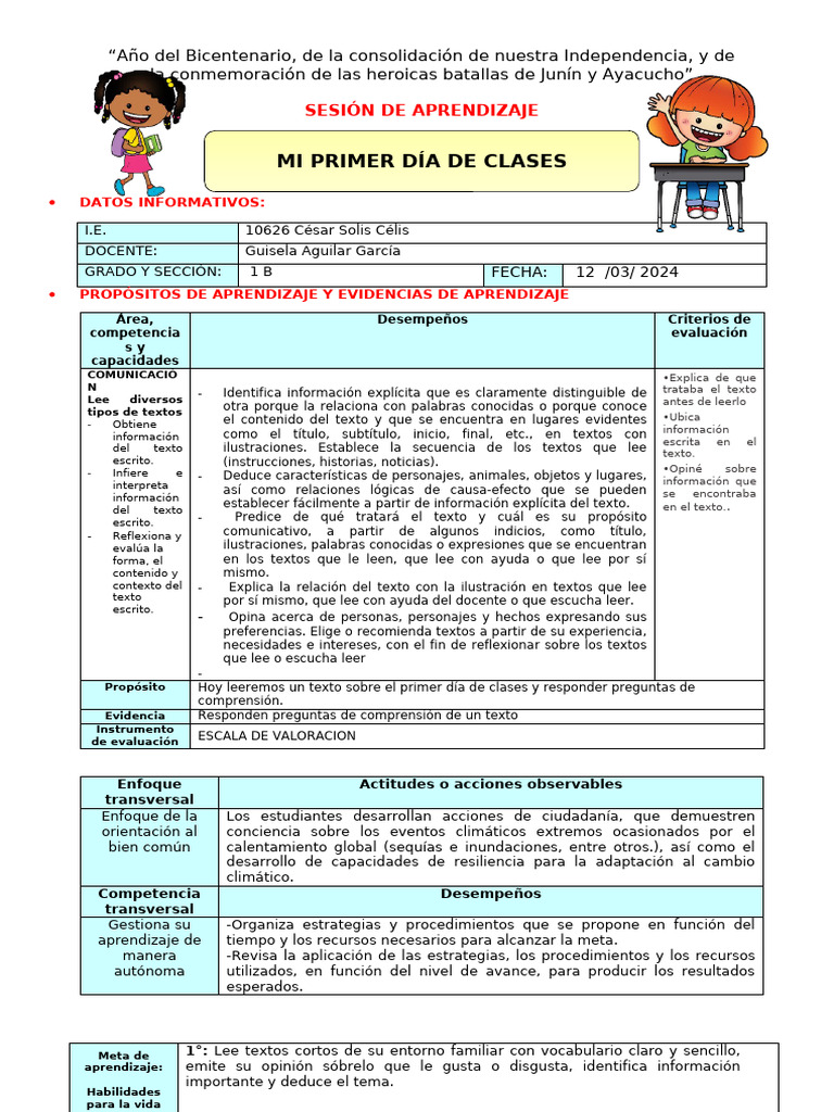 1º U1 S1 Sesion D4 Plan Lector Mi Primer Dia de Clases | PDF