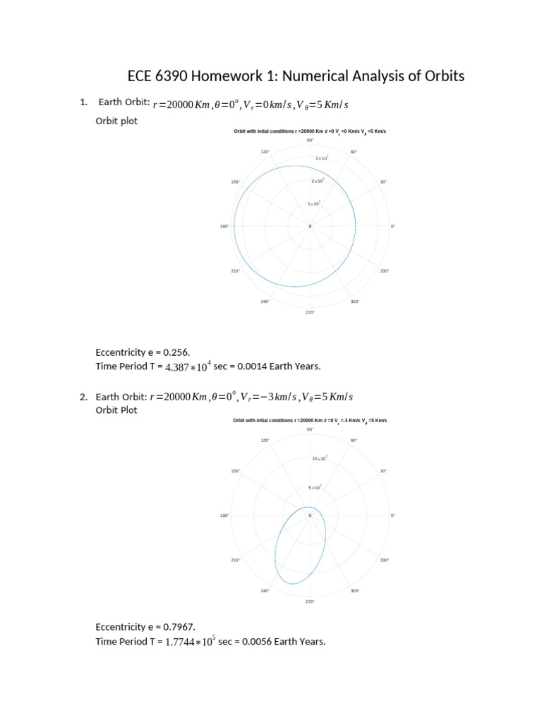 ECE 6390 Homework 1: Numerical Analysis of Orbits: r Km ,θ, V km s,V Km s | PDF