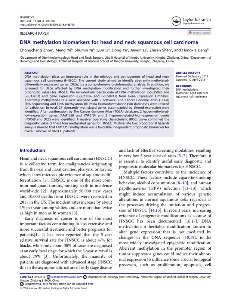 DNA Methylation Biomarkers For Head and Neck Squamous Cell Carcinoma | PDF