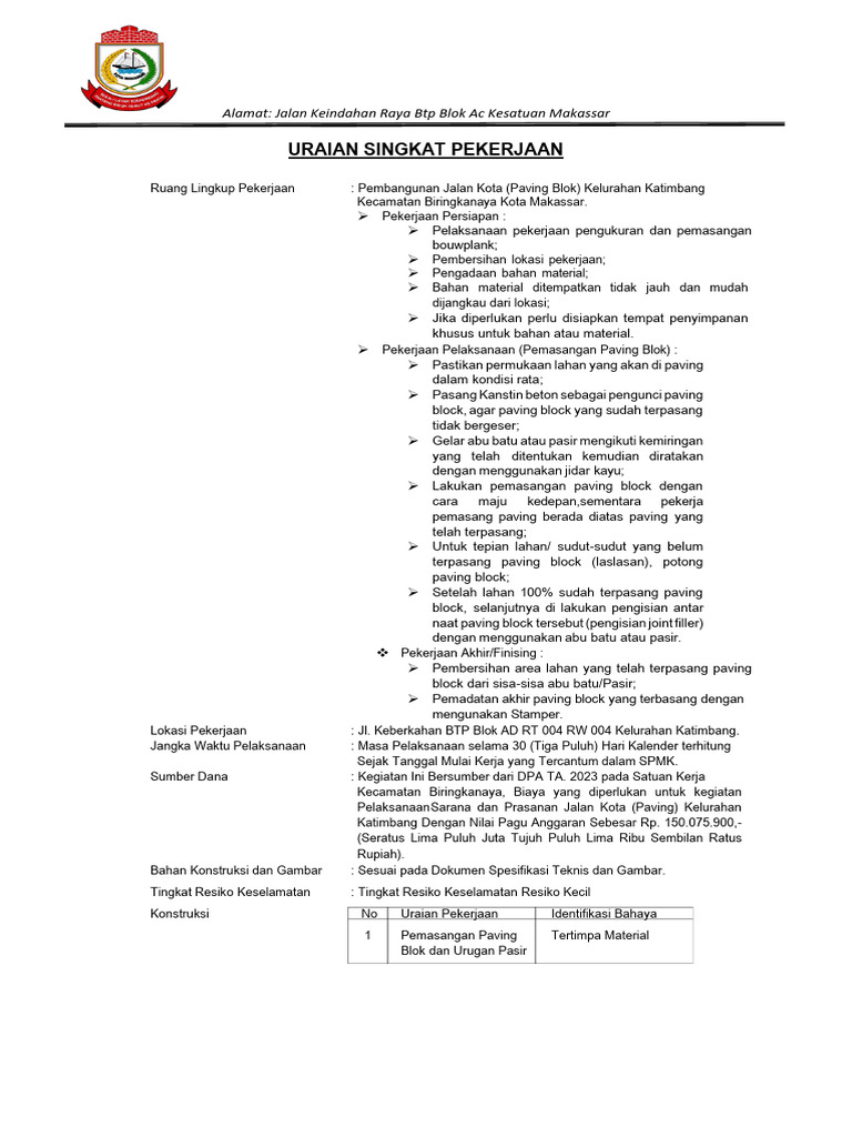 Uraian Singkat Pekerjaan Jl. Keberkahan BTP Blok AD RT004 RW004 | PDF