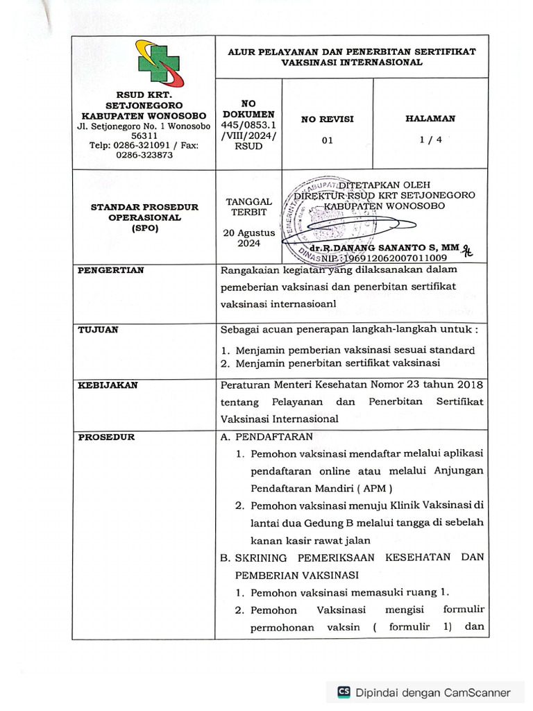 Spo Alur Pelayanan Dan Penerbitan Sertifikat Vaksinasi Internasional | PDF