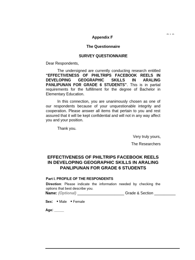 Appendix F The Questionnaire Survey Questionnaire | PDF