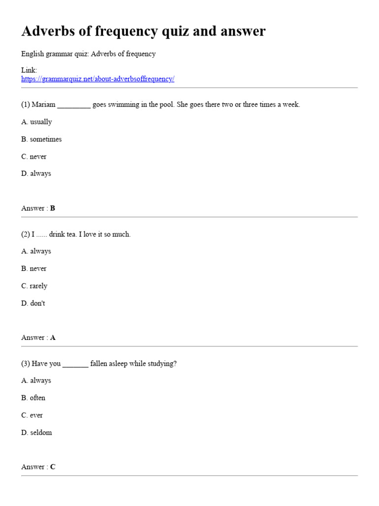 Adverbs of Frequency Quiz and Answer | PDF | Career & Growth | Language ...