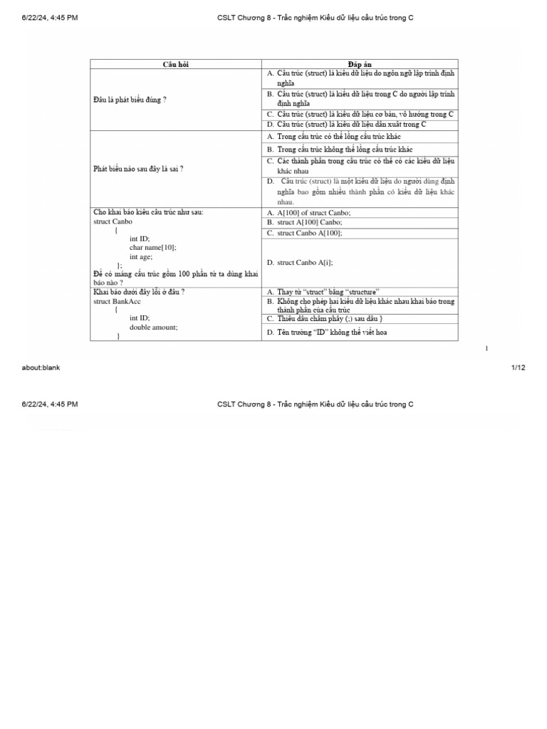 CSLT Chương 8 Trắc Nghiệm Kiểu Dữ Liệu Cấu Trúc Trong C | PDF