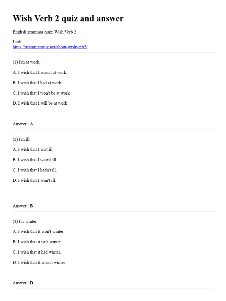 Wish Verb 2 Quiz and Answer | PDF