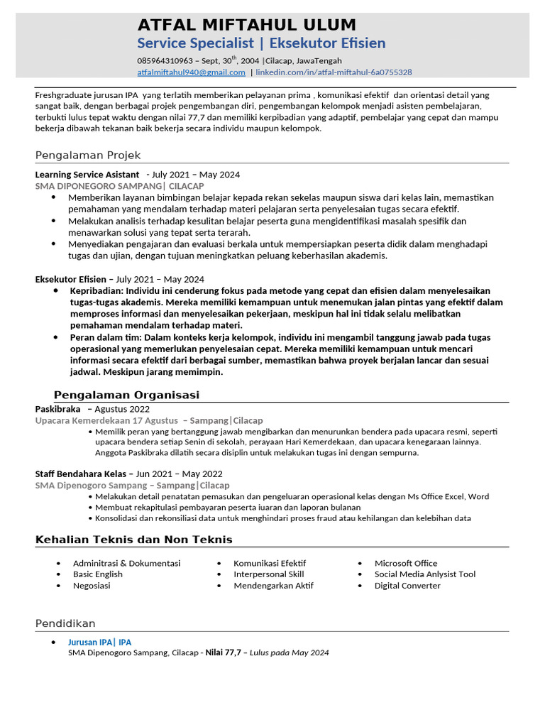 CV ATS SMA 2024 Fresh Graduate (Mudah) | PDF
