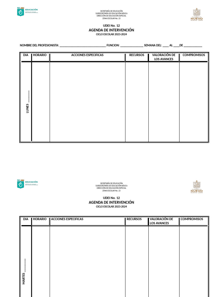 Agenda de Intervencion UDEI No. 12 Ciclo 2023-2024 | PDF