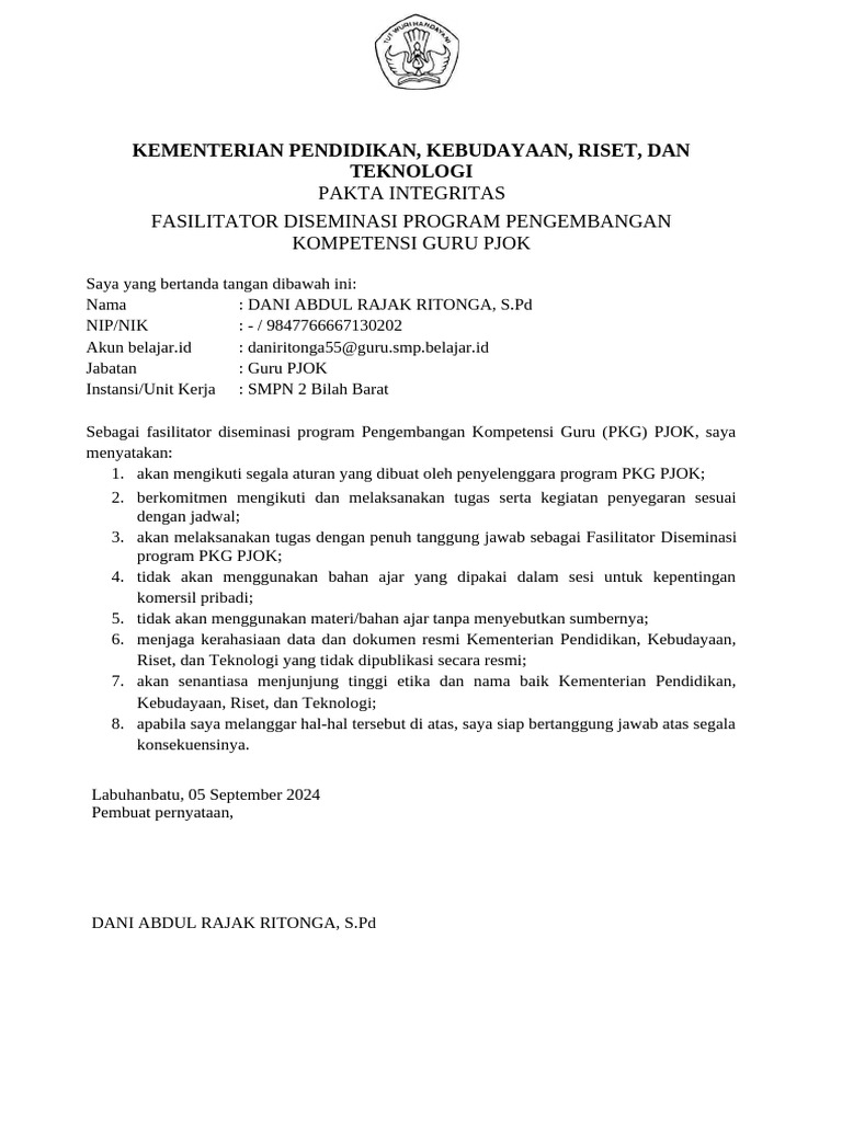 Template Pakta Integritas - Peserta Penyegaran PKG PJOK-2 | PDF Template Pakta Integritas - Peserta Penyegaran PKG PJOK-2 | PDF