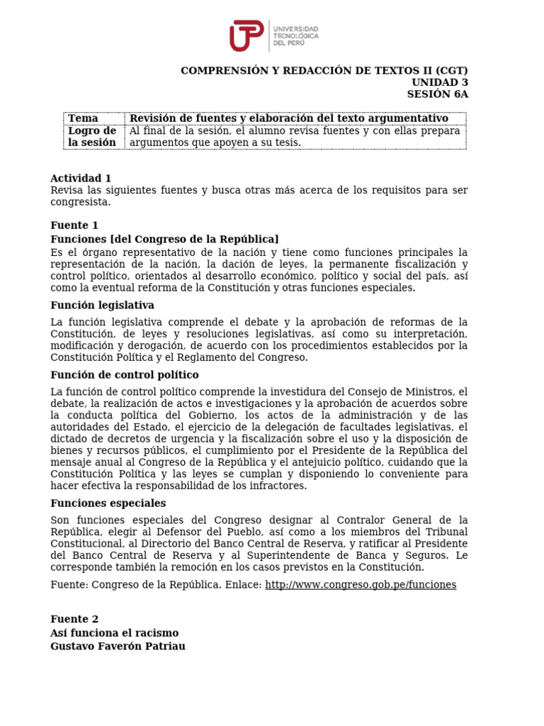 U3 - S6 - Texto Argumentativo (Requisitos Congreso) SH | PDF