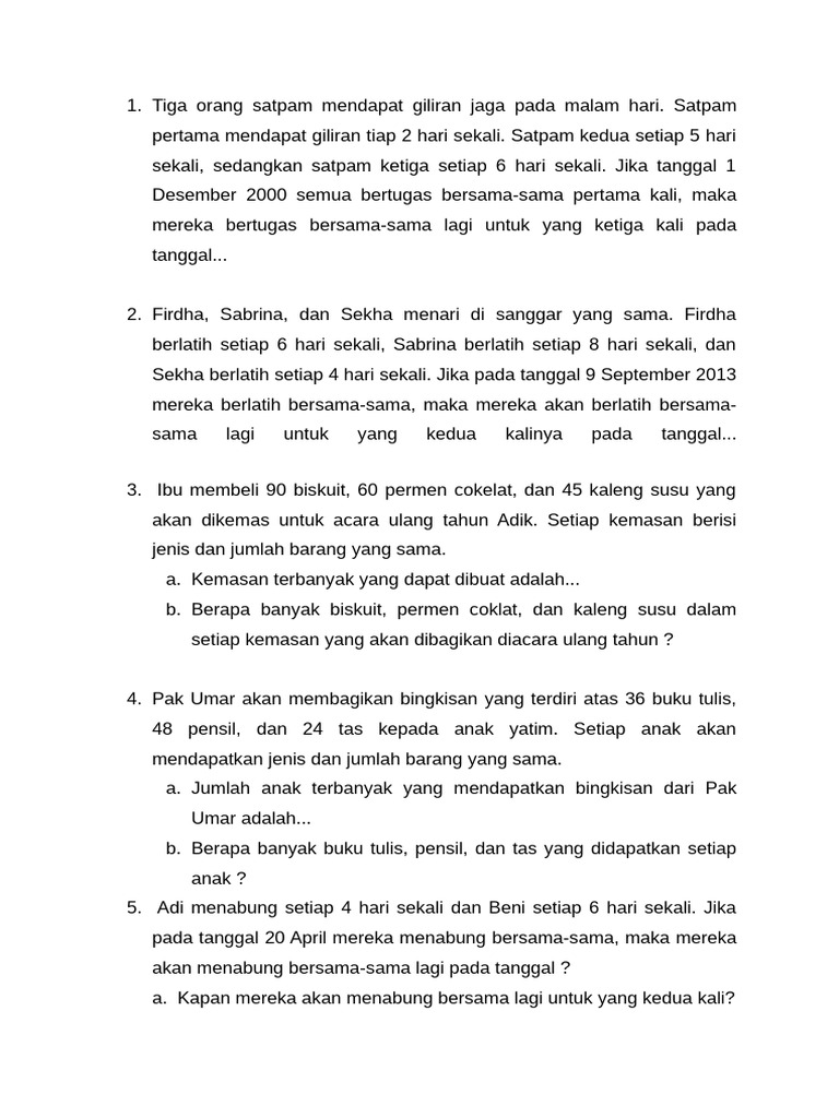 Soal Cerita KPK Dan FPB Vol.2 | PDF