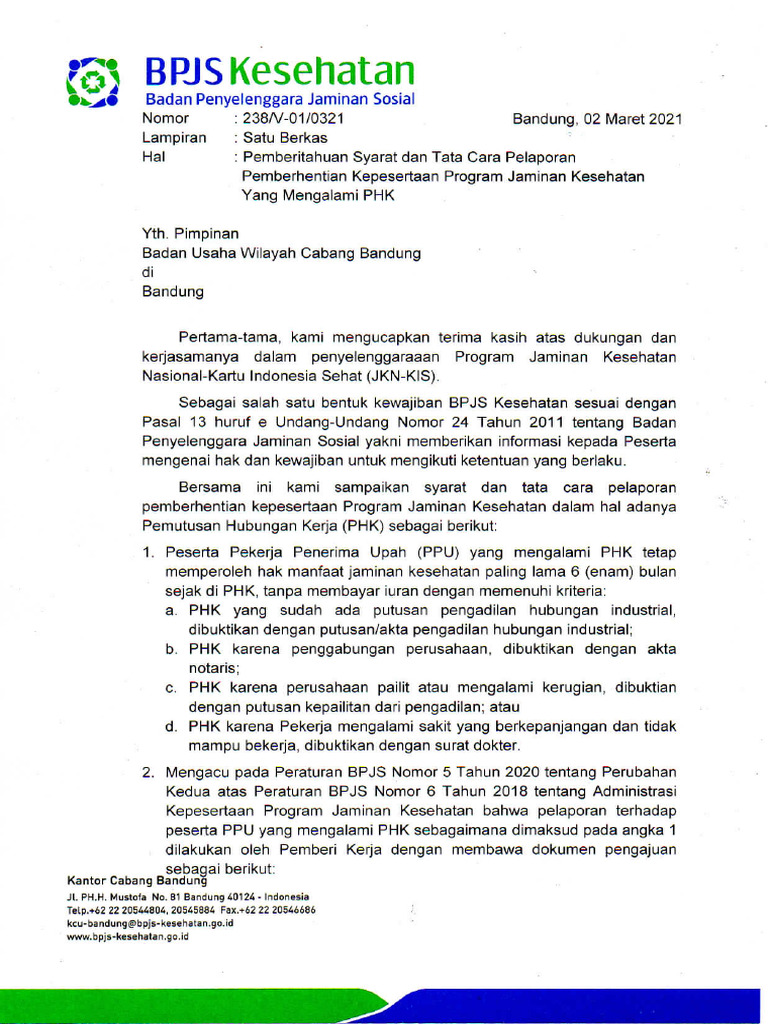 Surat Pemberitahuan Syarat Dan Tata Cara Pelaporan Pemberhentian Kepesertaan | PDF