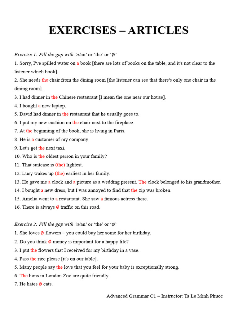 Exercises - Articles - Keys | PDF