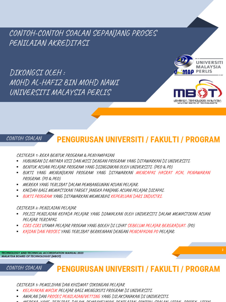 MBOT - Contoh-Contoh Soalan Sepanjang Proses Penilaian Akreditasi.V2 | PDF