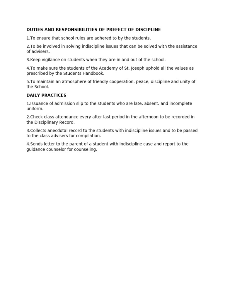 Duties and Responsibilities of Prefect of Discipline | PDF