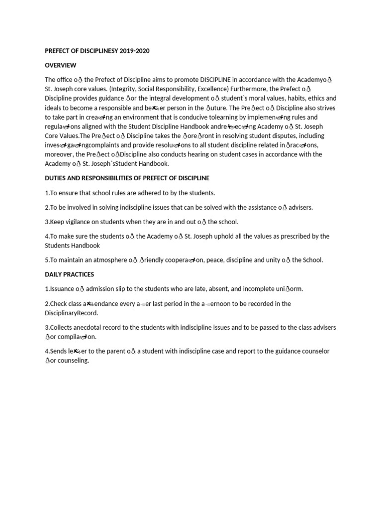 Prefect of Disciplinesy Duties and Responsibilities | PDF